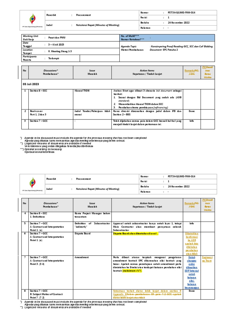 Notulensi Rapat - Konsinyering Proof Reading GCC SCC COF EPC P2 Bid | PDF