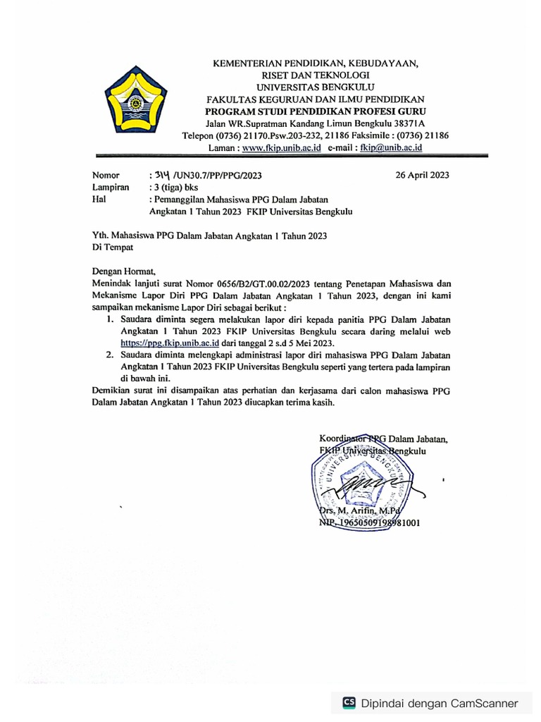 Surat Pemanggilan Lapor Diri PPG Daljab Angkatan 1 2023 | PDF