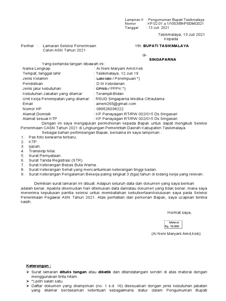 Lampiran II - Format Surat Lamaran Seleksi CASN 2021 Ai Neni Maryani | PDF