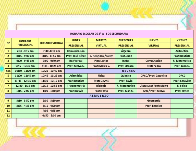 Horario Escolar de 2º A - I | PDF