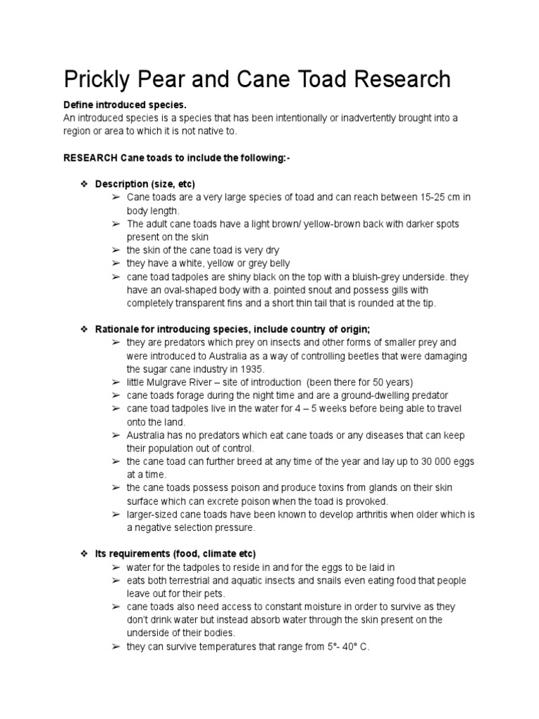 Prickly Pear and Cane Toad Research | PDF