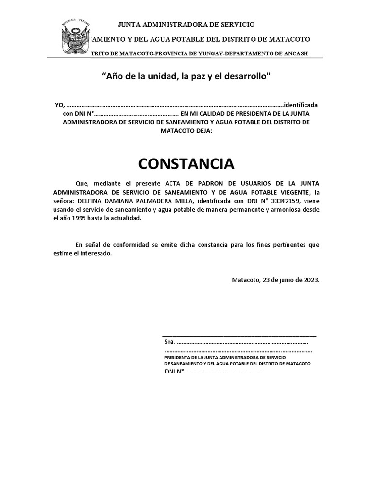 Constancia | PDF | La contaminación del agua | Abastecimiento de agua y saneamiento