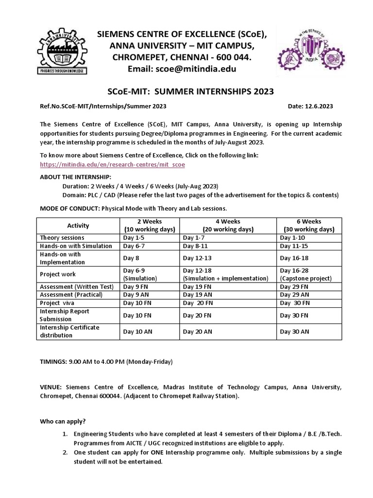 SCOE Internship Advertisement and Schedule - Merged | PDF