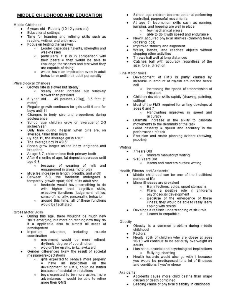 DevOcc Middle Childhood and Education Notes | PDF | Friendship | Memory