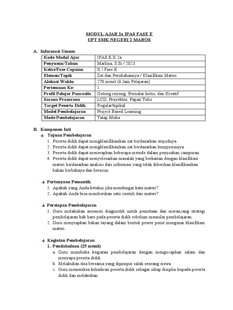 Modul Ajar - Proyek IPAS Rumpun Bisman Bab 2 - Marlina, S.Si | PDF