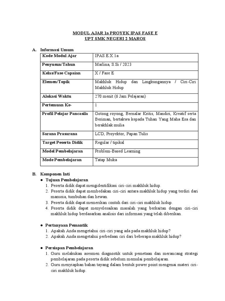 Modul Ajar - Proyek IPAS Rumpun Bisman Bab 1 - Marlina, S.Si | PDF