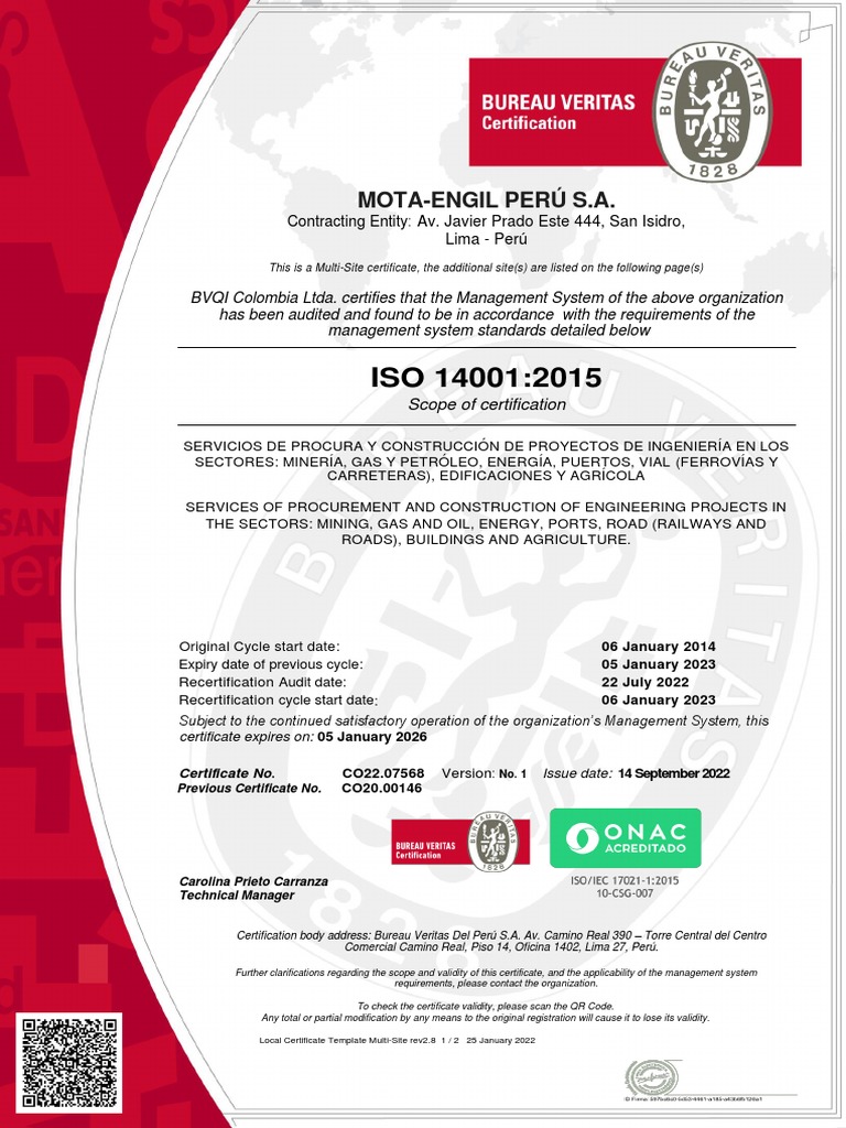Certificado Mota Iso 14k - Onac - Ukas A4 Web | PDF | Lima | Business