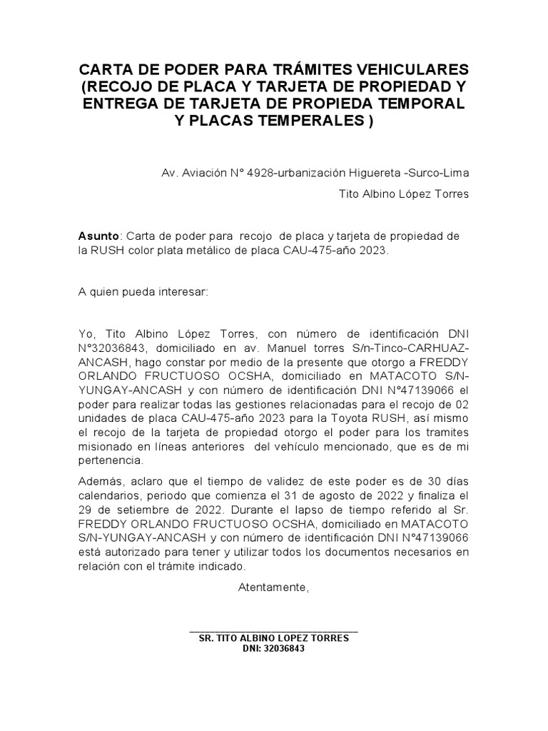 Carta de Poder para Trámites Vehiculares | PDF