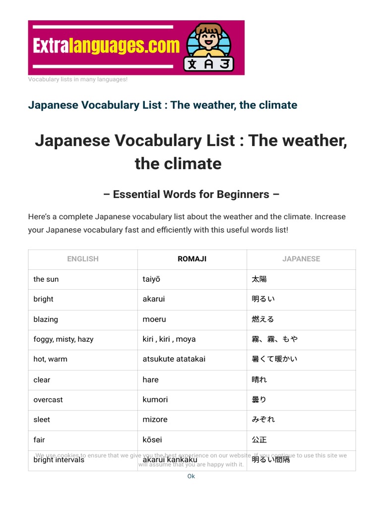 Japanese Vocabulary List - The Weather, The Climate | PDF