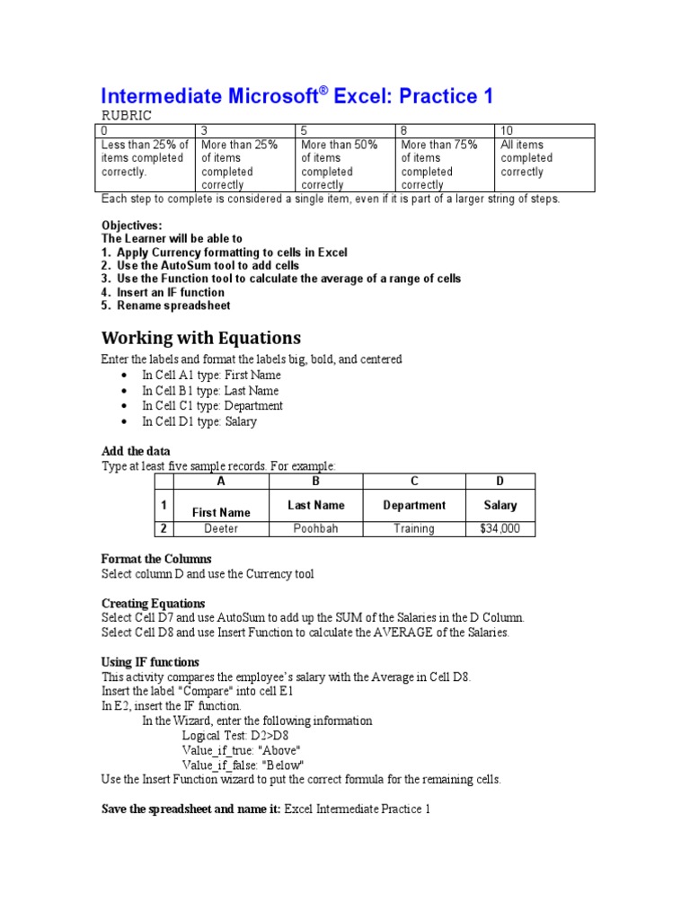 Excel Practice Activities | PDF | Microsoft Excel | Spreadsheet