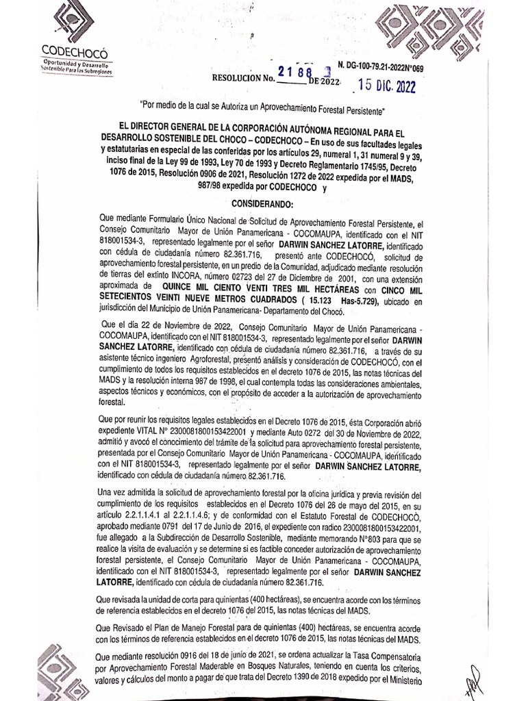 RESOL - 2188 - Dic - 2022 APROVECHAMIENTO FLORESTAL | PDF