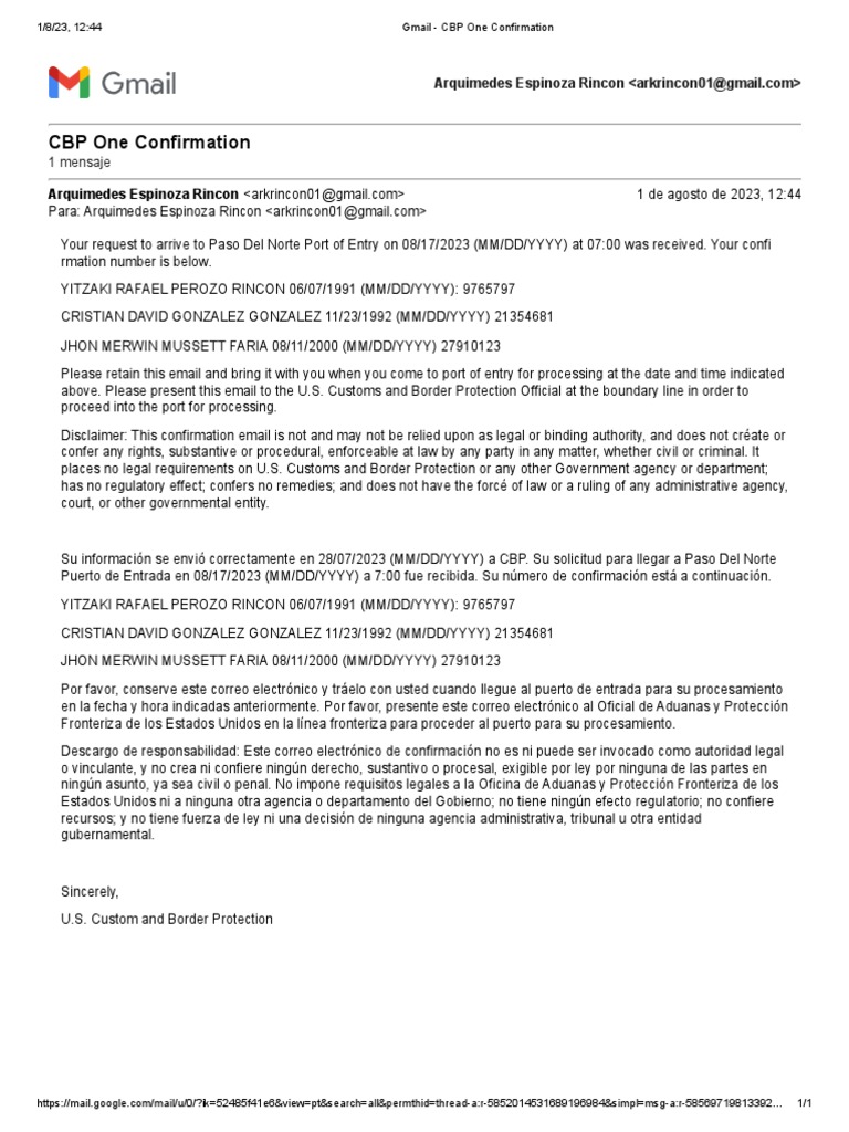 Gmail - CBP One Confirmation | PDF | Aduanas y Protección de Fronteras de EE.UU | Departamento ...