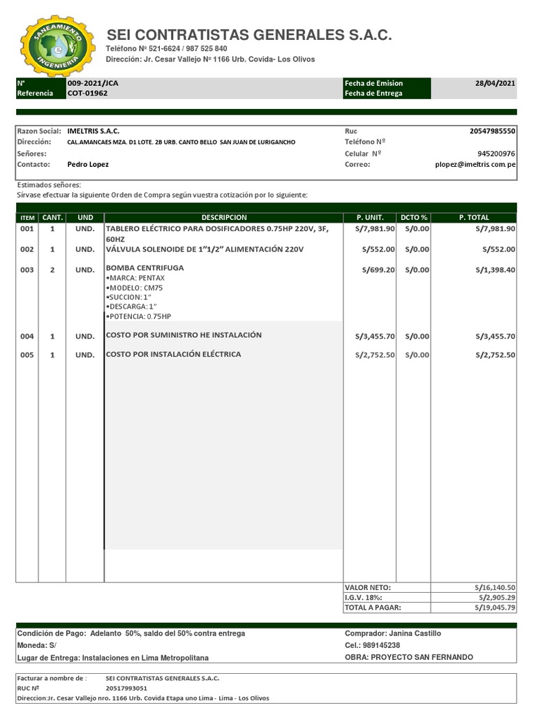 Sei Contratistas Generales S.A.C.: 009-2021/JCA COT-01962 | PDF