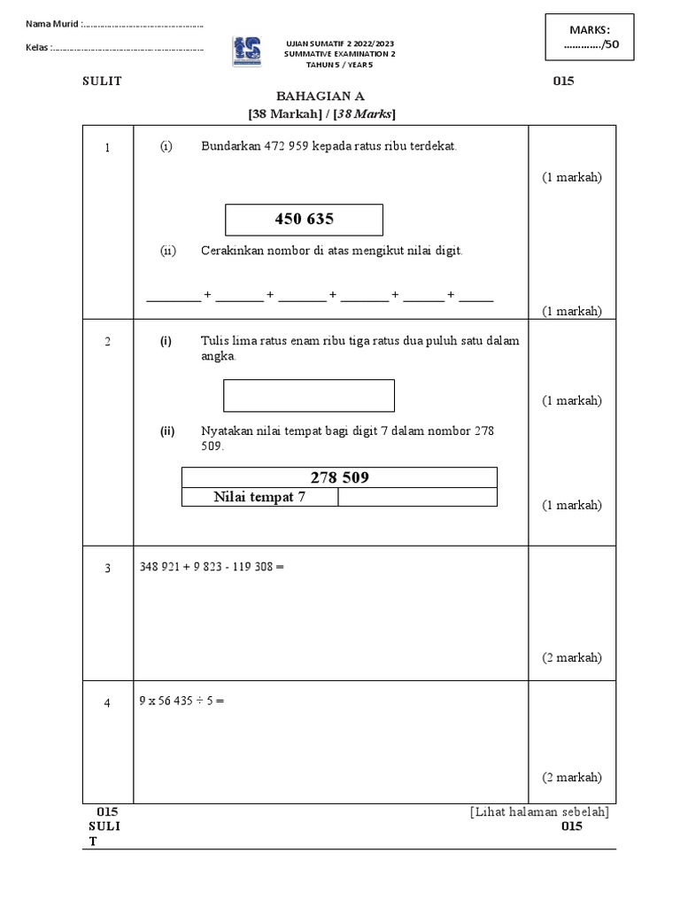 Ujian Sumatif Tahun 5 (2022) | PDF