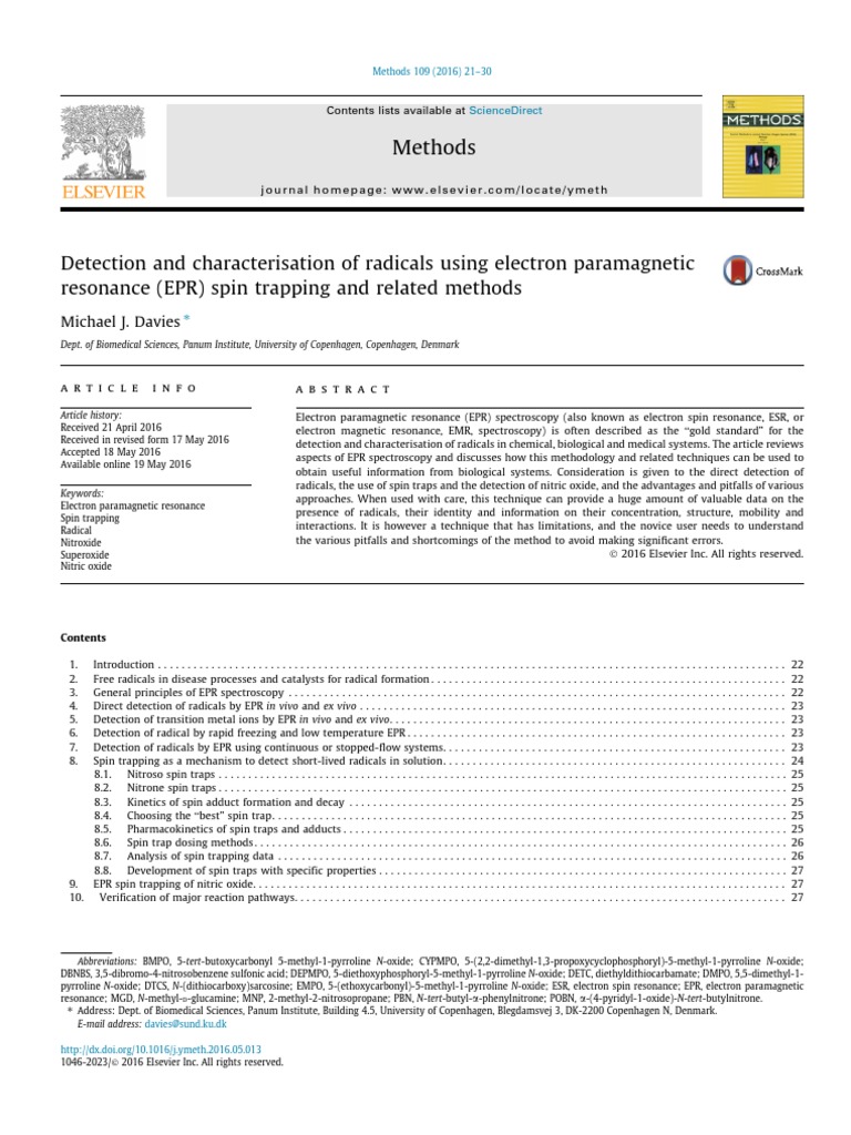 2016 Detection And Characterisation Of Radicals Using Electron Paramagnetic Resonance Epr Spin