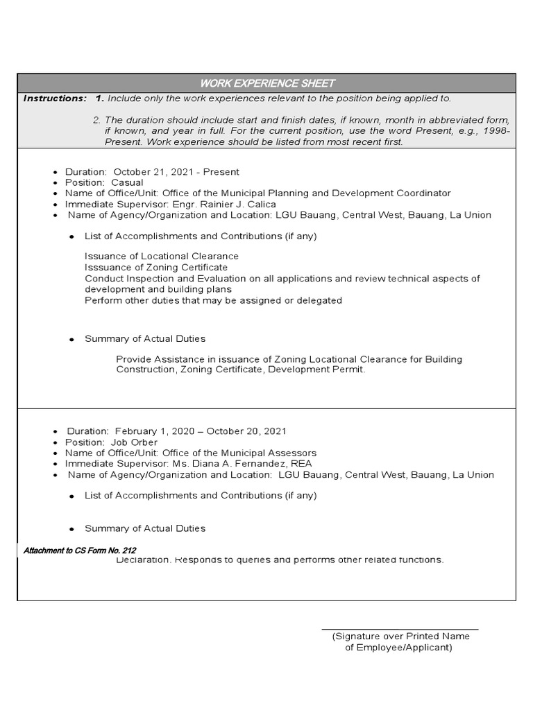 CS Form No 212 Work Experience Sheet | PDF