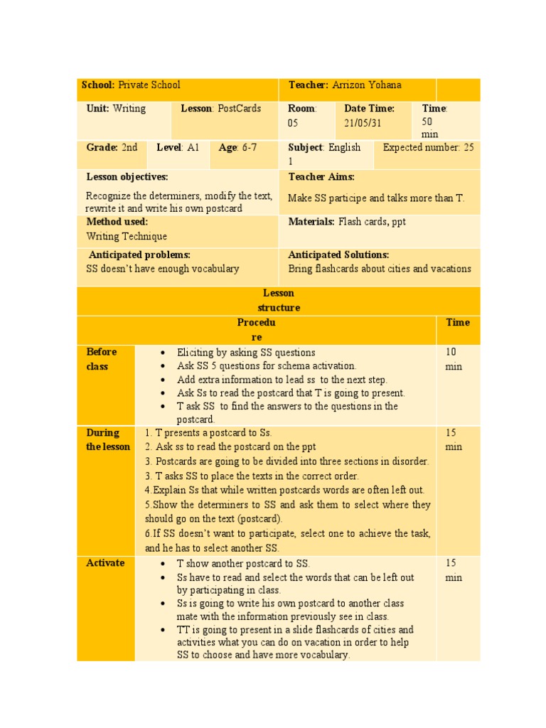 Postcards Lesson Plan | PDF | Flashcard | Behavior Modification