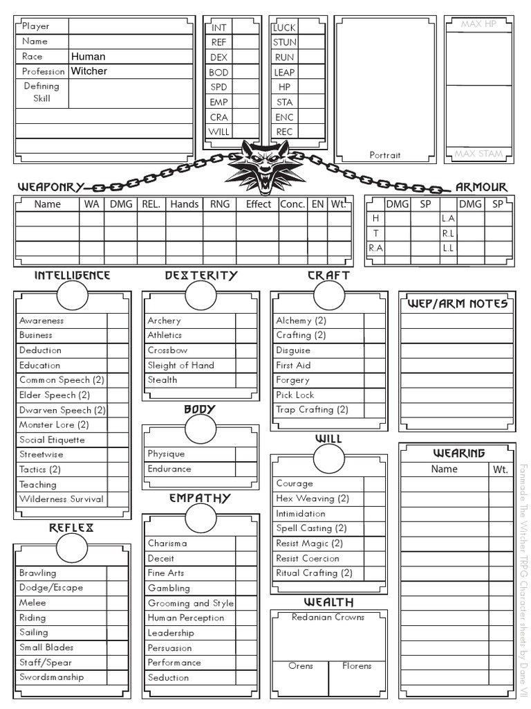 Witcher Character Form (Dane VII) | PDF