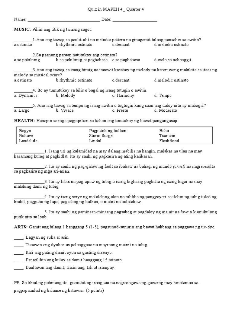 Quiz in MAPEH 4 | PDF