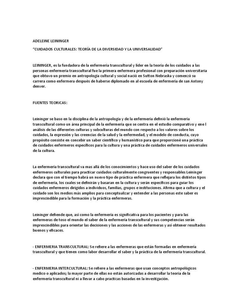 Adeleine Leininger | PDF | Enfermería | Teoría