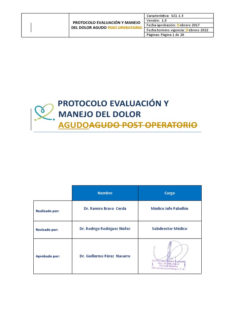Protocolo de Evaluación y Manejo Del Dolor Agudo Post Operatorio | PDF ...