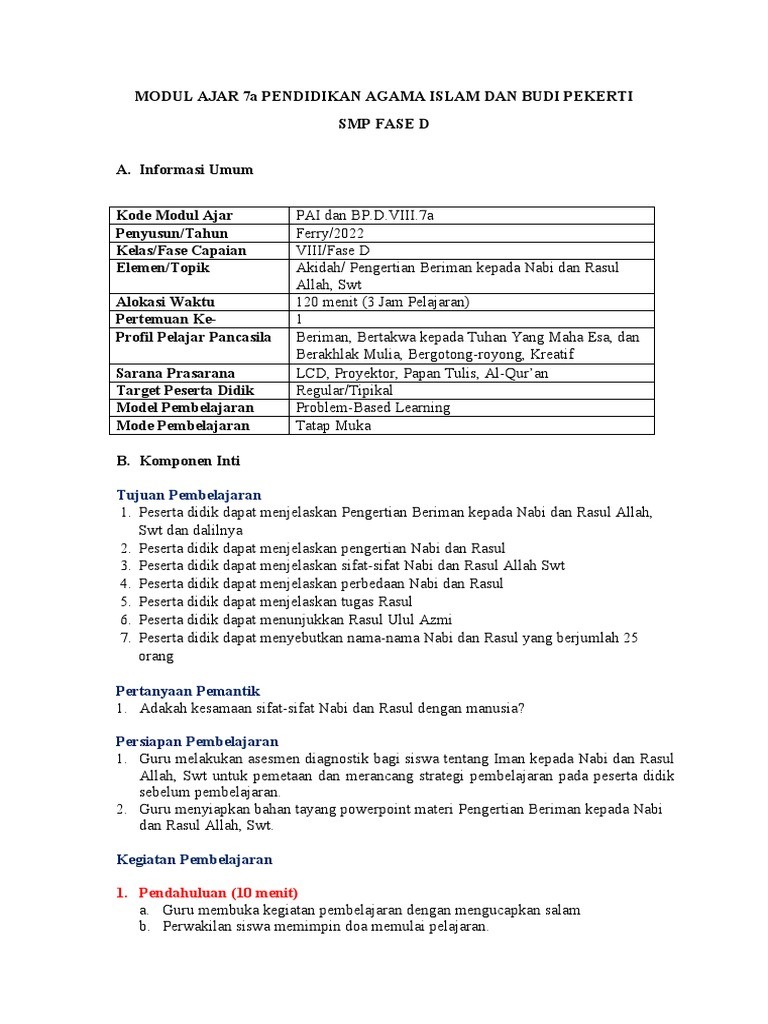 Modul Ajar Pai Dan BP SMP Kelas Viii Bab 7 | PDF