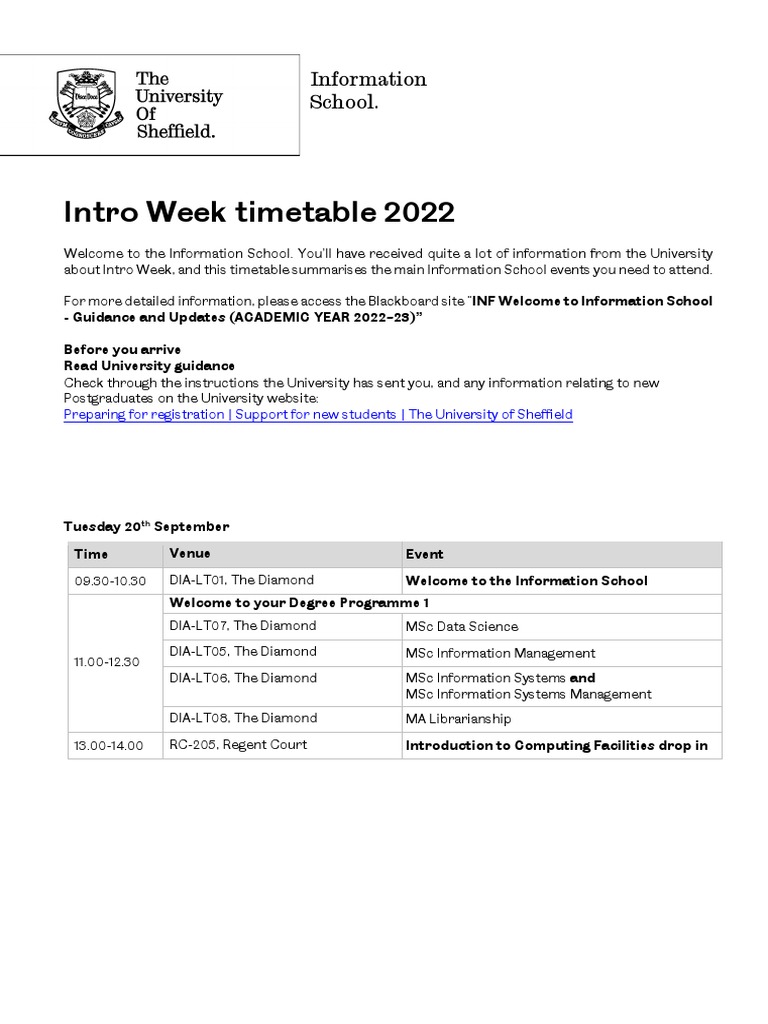 Intro Week Timetable PG 22 v4 | PDF | Master Of Science | Vocational Education