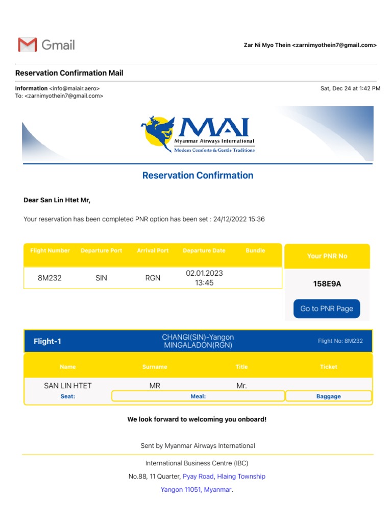 Reservation Confirmation Mail | PDF