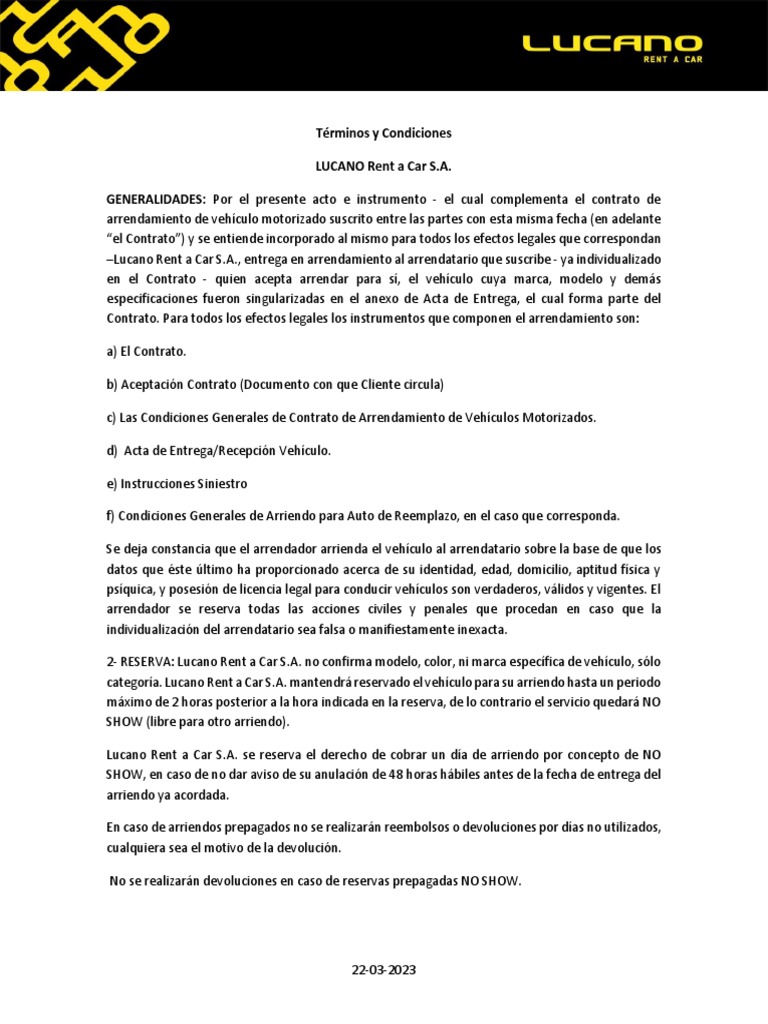Terminos y Condiciones Lucano Rent A Car S.A 22 03 | PDF | Licencia de ...