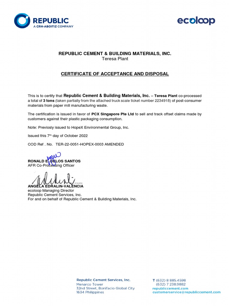 REPUBLIC CEMENT & BUILDING MATERIALS, INC. CERTIFICATE OF ACCEPTANCE ...