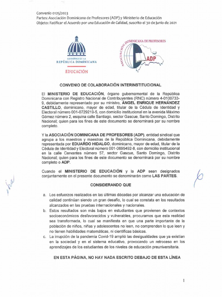 Convenio de Colaboración Interinstitucional ADP-MINERD | PDF | República Dominicana | Enseñando