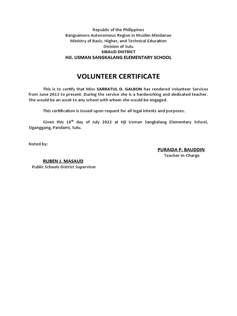 Volunteer Certificate | PDF