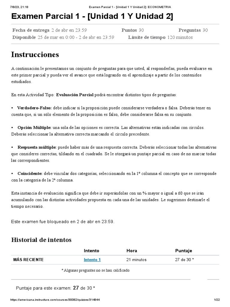 Examen Parcial 1 - (Unidad 1 Y Unidad 2) - ECONOMETRIA | PDF