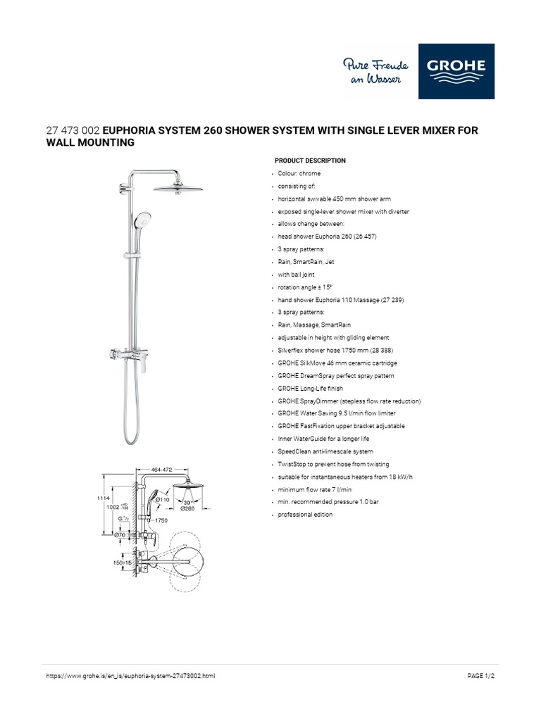 GROHE Specification Sheet 27473002 (1) | PDF | Shower | Mechanical ...