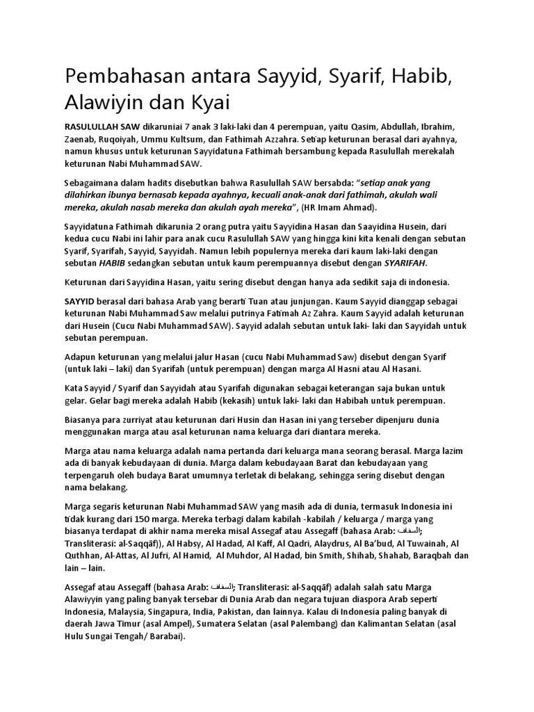 Pembahasan Antara Sayyid, Syarif, Habib, Alawiyin Dan Kyai | PDF