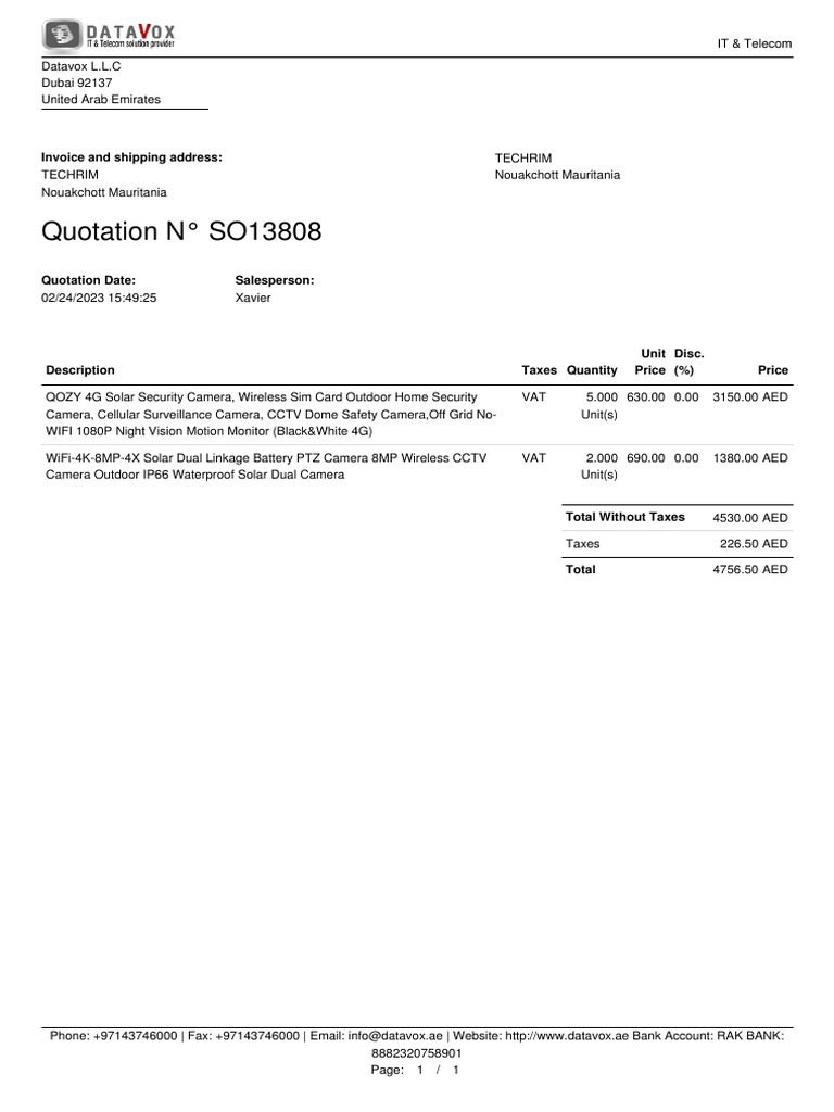 Solar Security Camera Quotation AED | PDF | Finance & Money Management