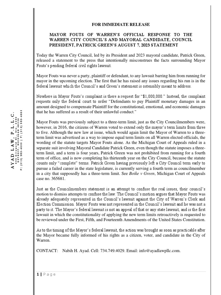 Warren Mayor Jim Fouts' Official Response To Pat Green's and Councils ...