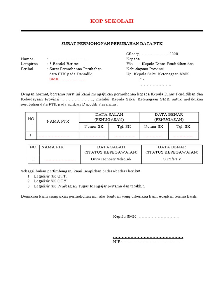 Contoh Surat Permohonan Perubahan Data PTK Di Dapodik 2020 | PDF