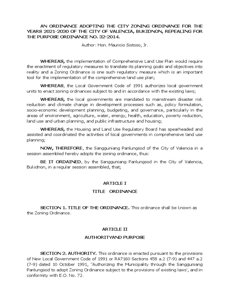 Valencia City Zoning Ordinance 2021-2030 | PDF | Hazards | Zoning
