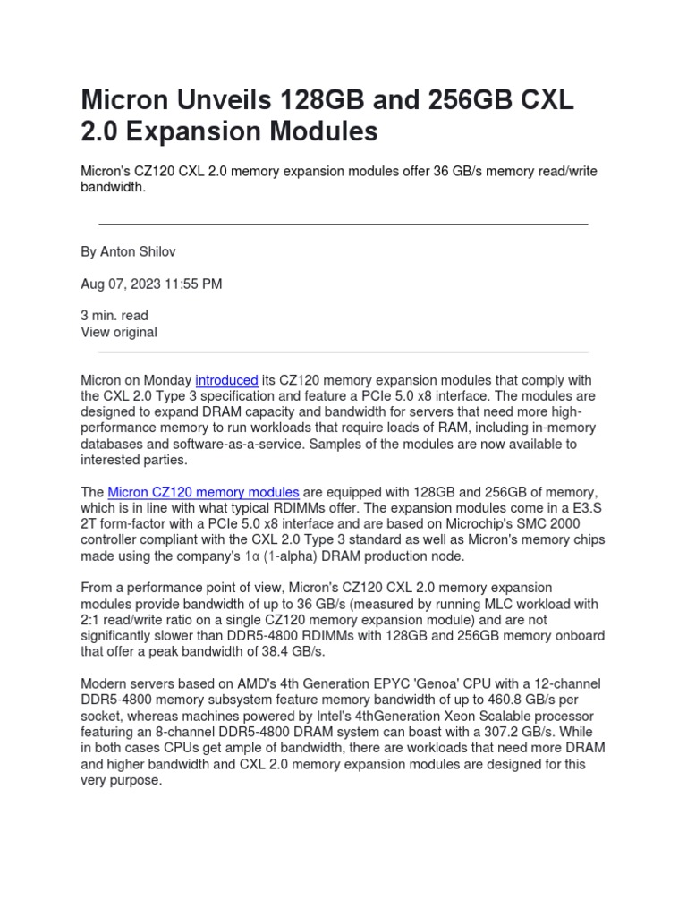 Micron Unveils 128GB and 256GB CXL 2.0 Expansion Modules | PDF | Computers