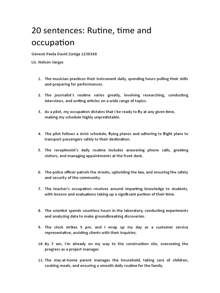 20 Sentences Occupations, Time and Routines | PDF | Career & Growth