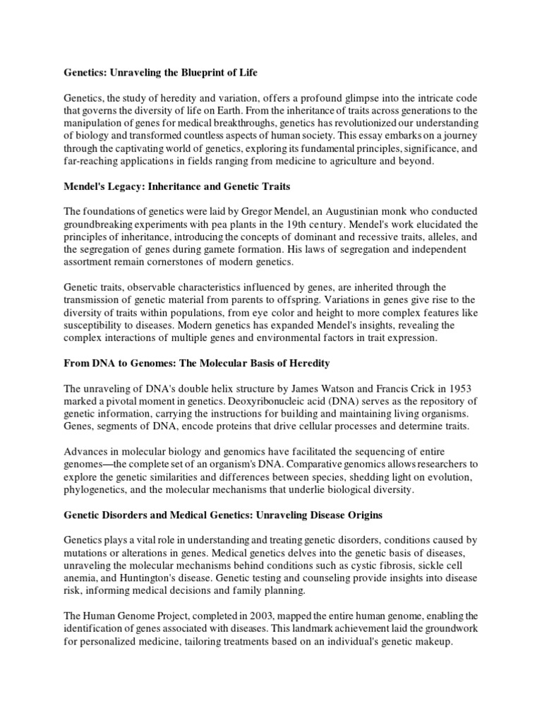 Genetics Essay - Unraveling The Blueprint of Life | PDF | Genetics ...