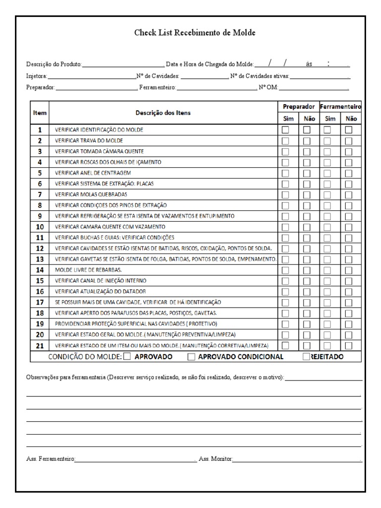 Check List Recebimento de Molde | PDF