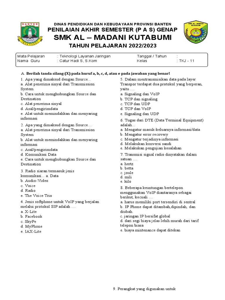 Soal Uas TLJ Kelas 11 | PDF