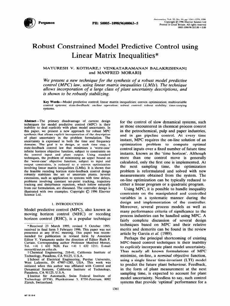 1996 - Robust Constrained Model Predictive Control Using LMI | PDF