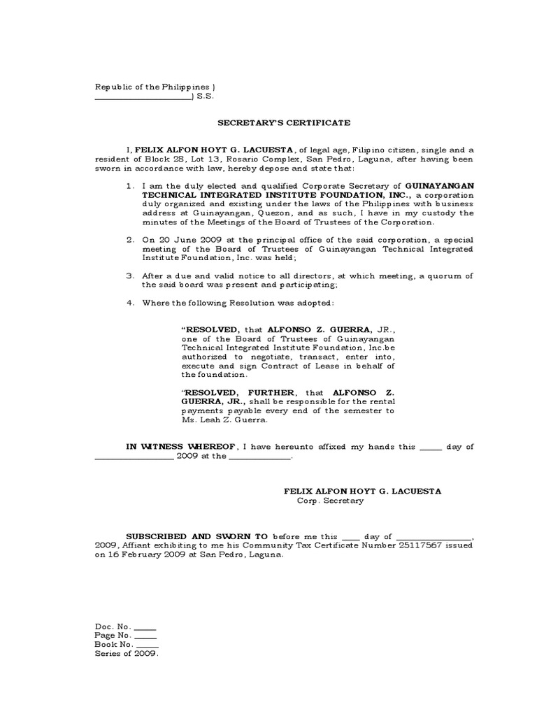 Secretary's Certificate | PDF