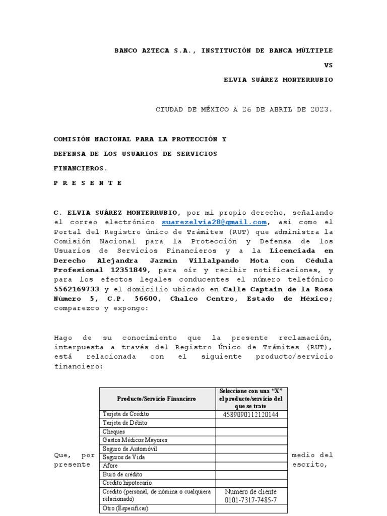 Escrito de Queja Condusef | PDF | Bancos | Tarjeta de crédito