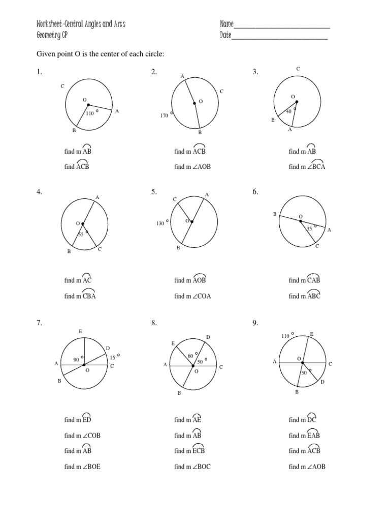 Central and Inscribed Angles and Arcs-Worksheet | PDF | Triangle ...
