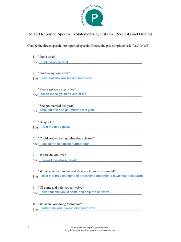 Mixed Reported Speech Exercises | PDF