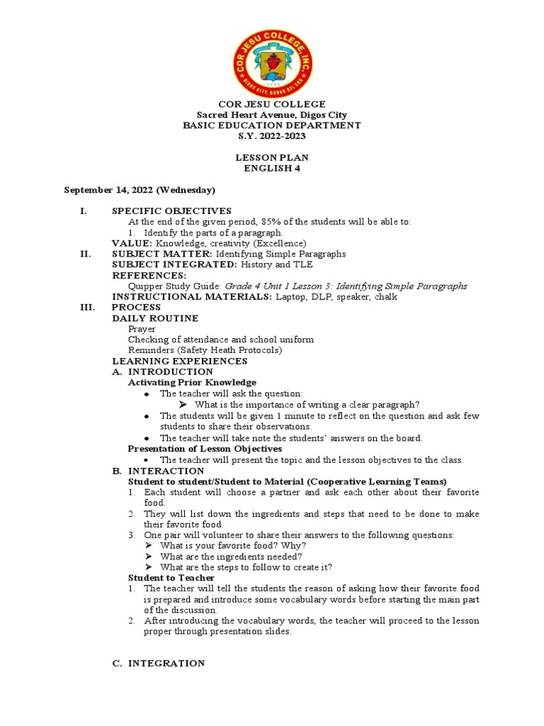 Grade 4 Paragraph Writing Lesson Plan | PDF | Lesson Plan | Teachers